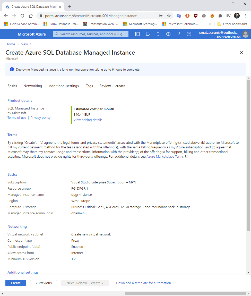 How do we create a SQL Managed Instance in Azure - DataPlatform.gr